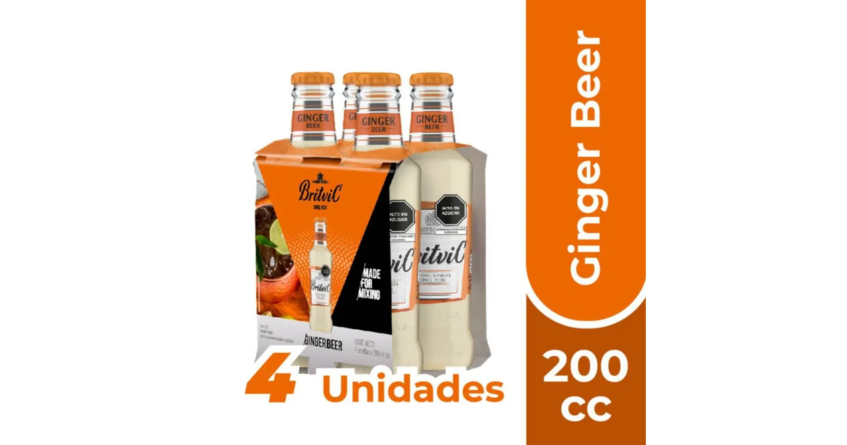 BRITVIC Pack Bebida Agua Tónica Ginger Beer (4 un. / 800 mL.) | SoloTodo.cl
