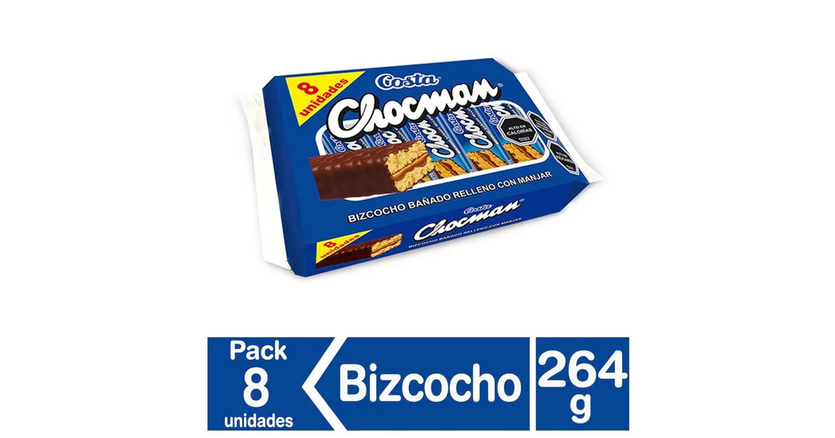 COSTA Bizcocho Chocman Baño Relleno con Manjar (8 un. / 264 g ...