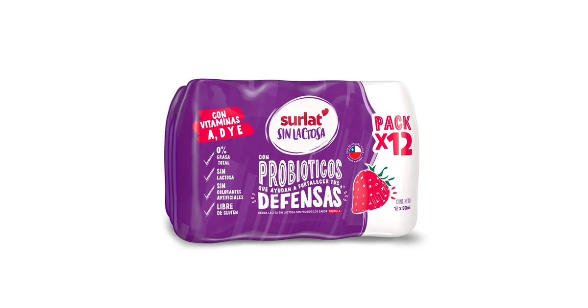 SURLAT Pack Probioticos Sin Lactosa Sabor Frutilla (12 un. / 960 mL ...